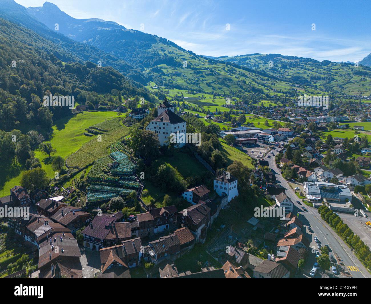 Beautiful view of top to Werdenberg castle. View from drone ...