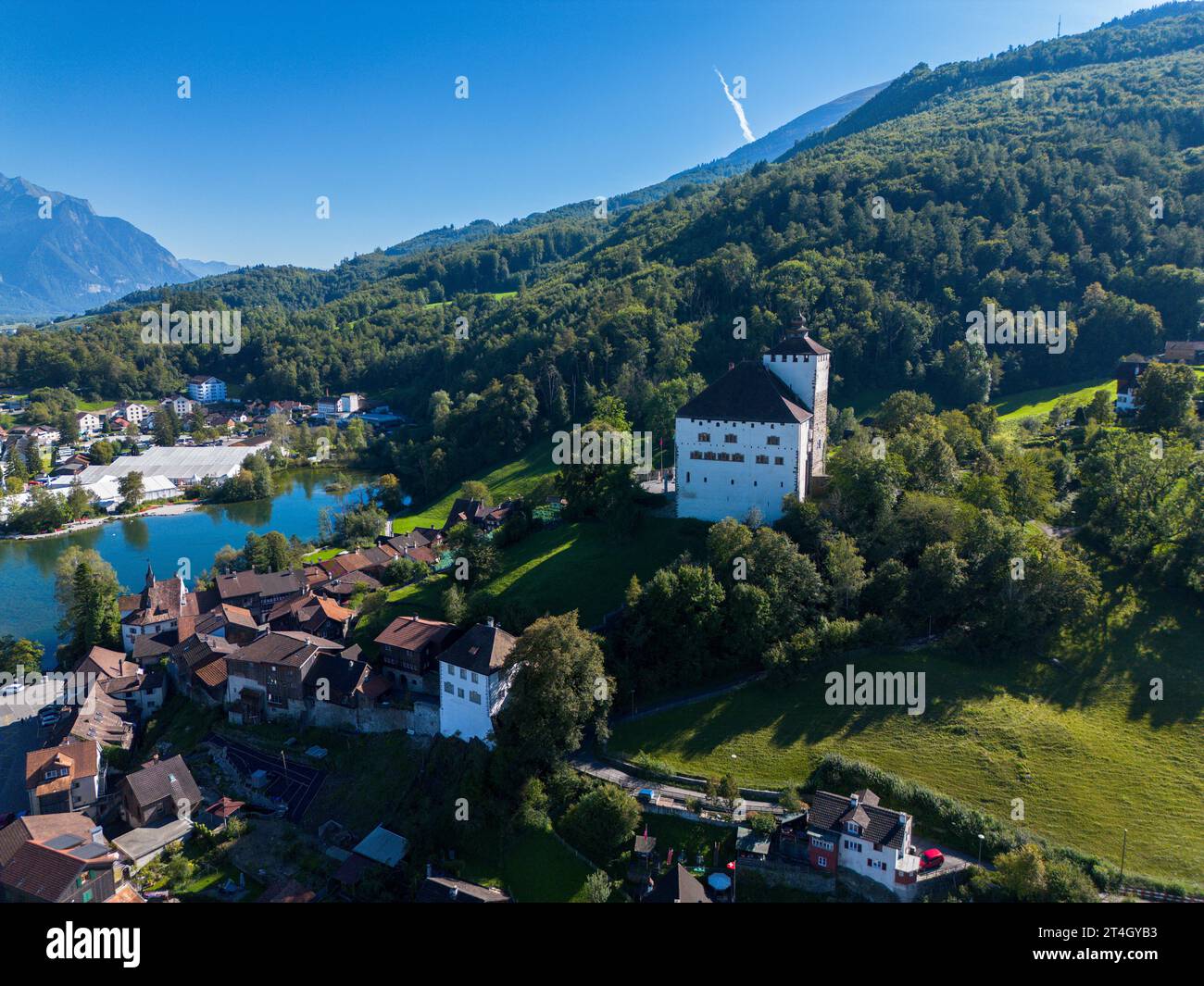 Beautiful view of top to Werdenberg castle. View from drone ...