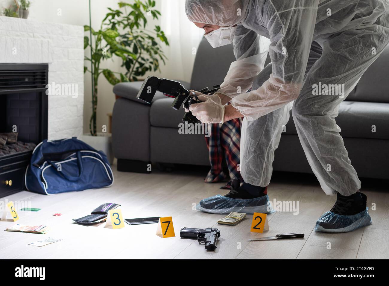 Detective Collecting Evidence In A Crime Scene Forensic Specialists