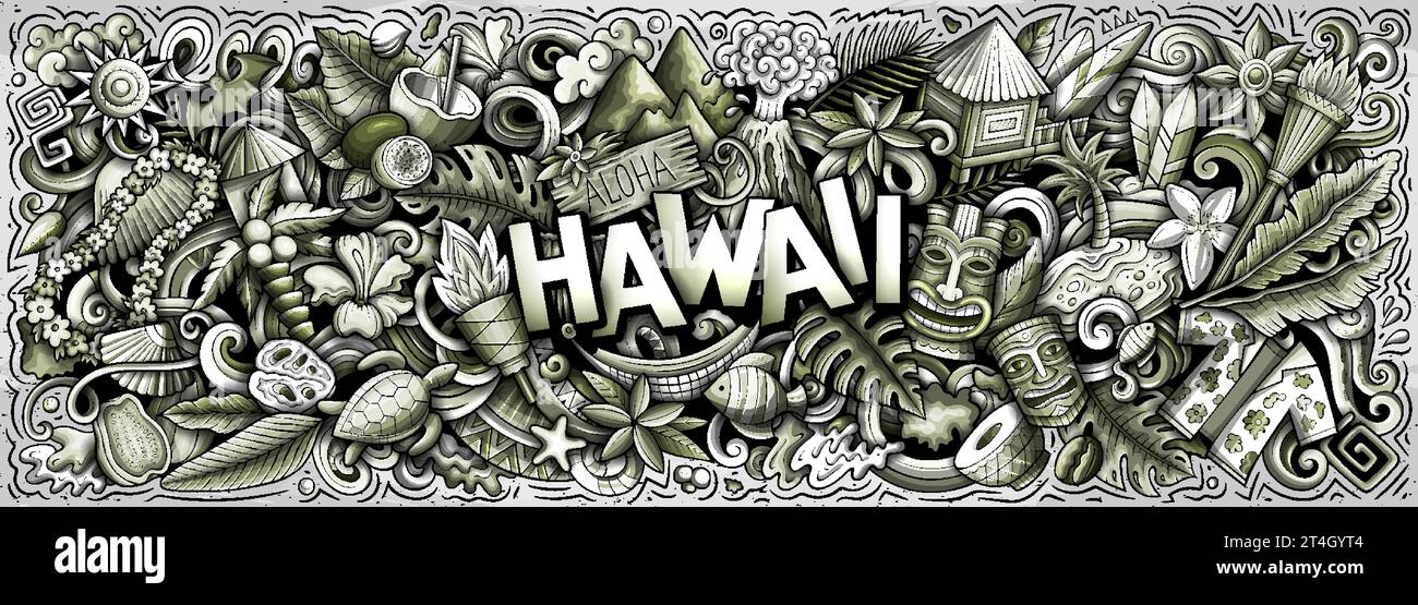 Vector illustration with Aloha Hawaii theme doodles. Monochrome banner ...