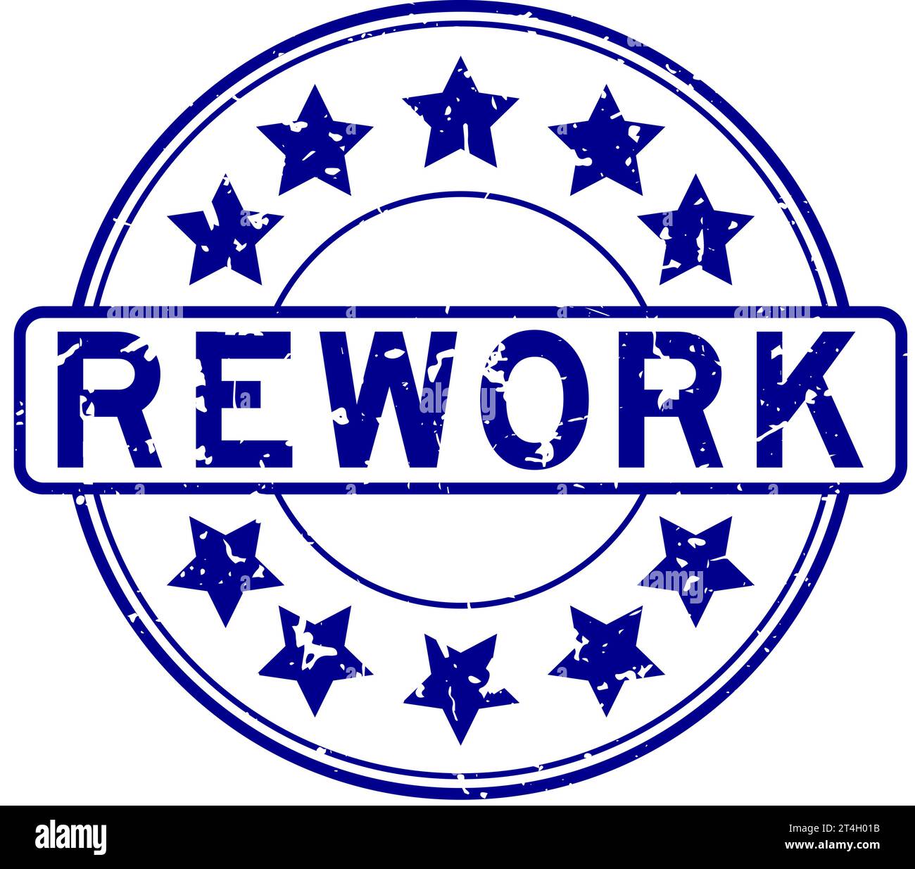 Grunge blue rework word with star icon round rubber seal stamp on white ...