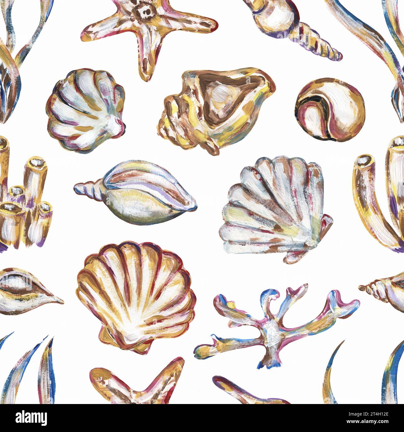 Acrylic hand painted sea shells and corals seamless pattern, graphic ...