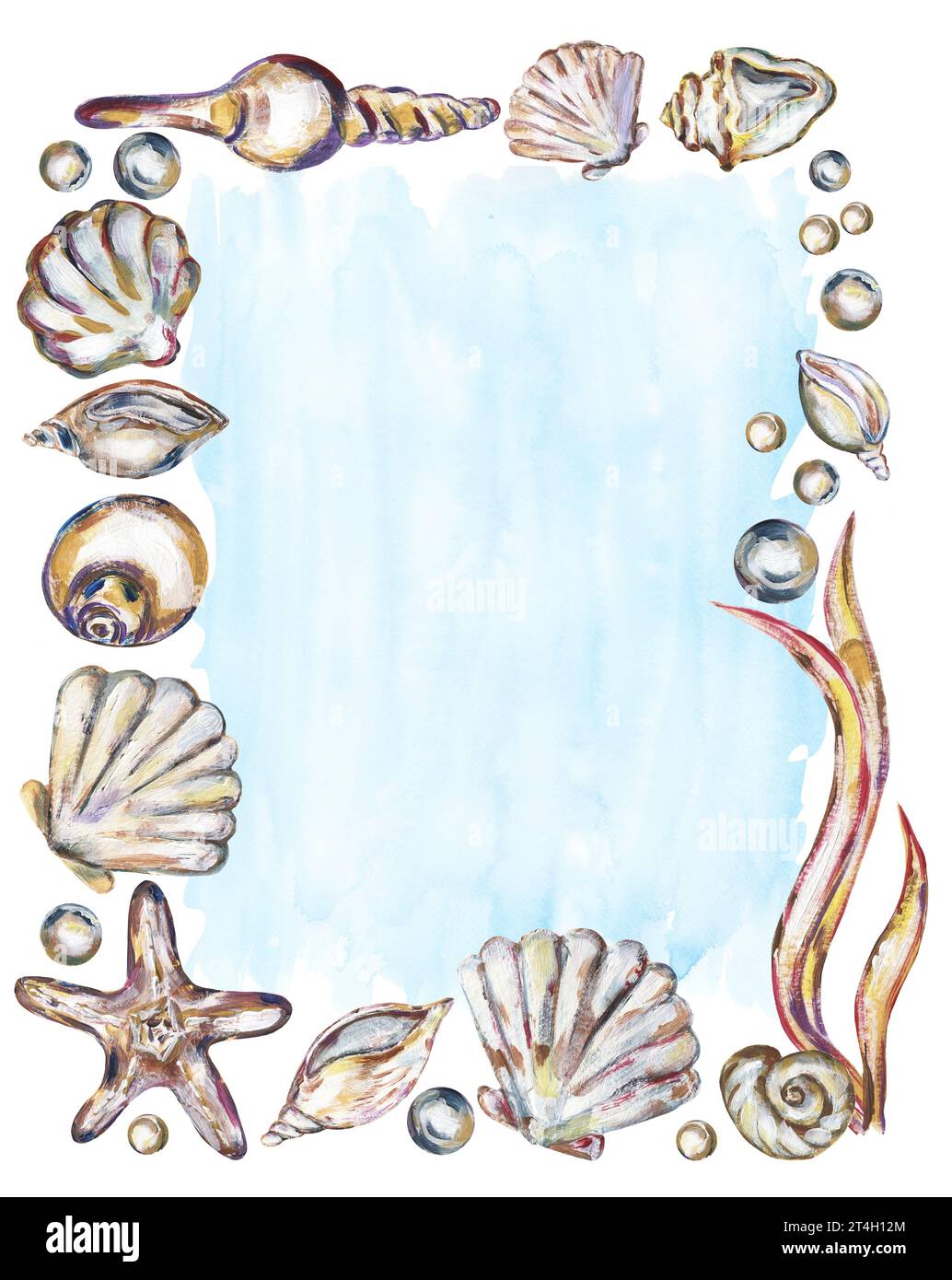 Acrylic hand painted sea shells, corals and pearls frame illustration ...
