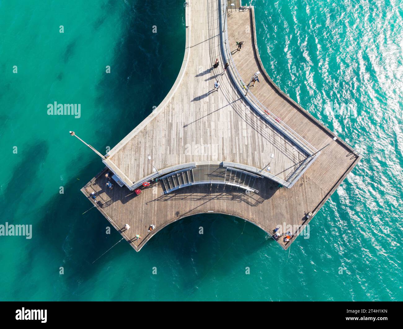 Aerial view of a multi levelled pier over turquoise water at Lorne on ...