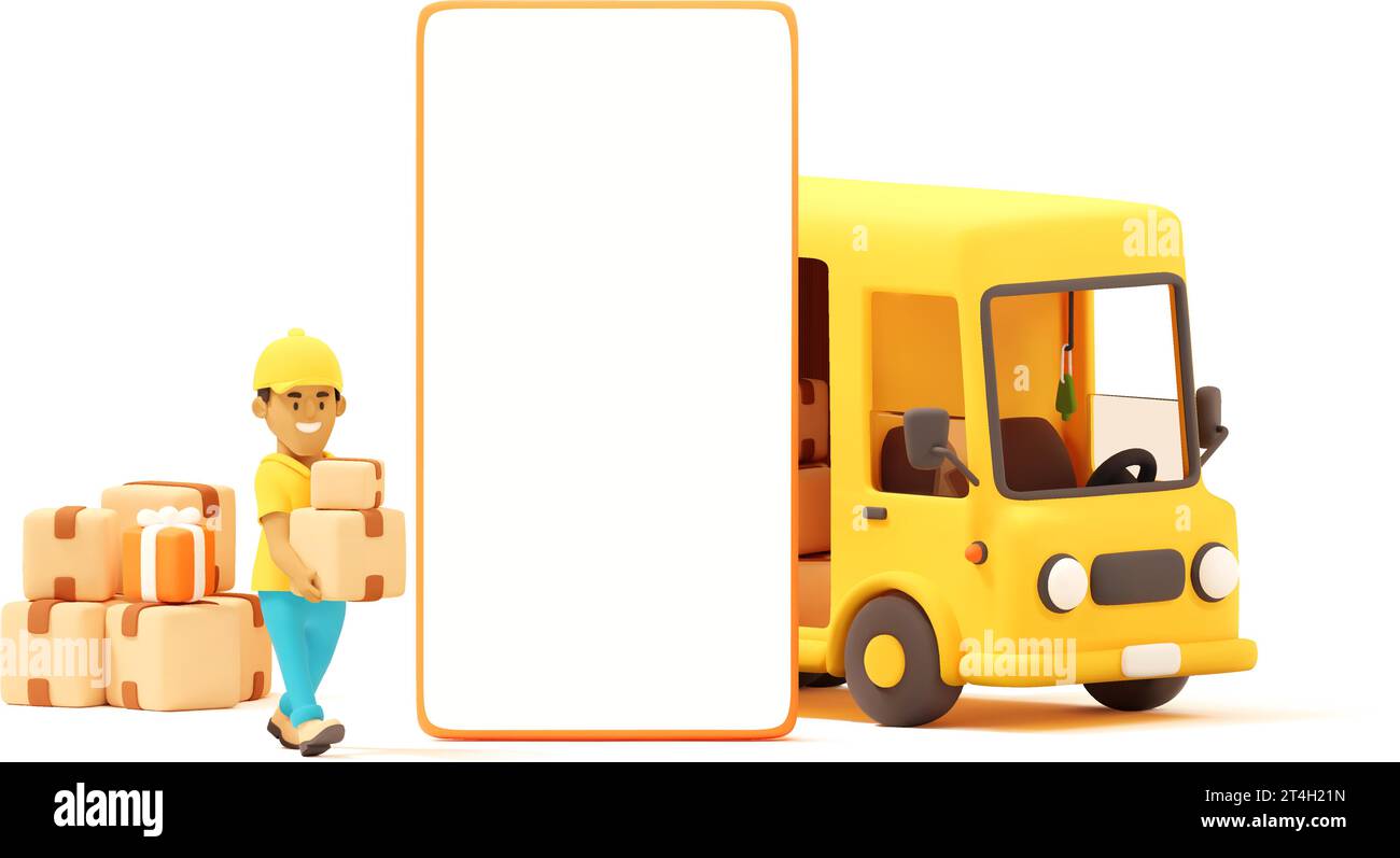 Vector Warehouse Worker or Courier Loading Yellow Van with Cardboard ...