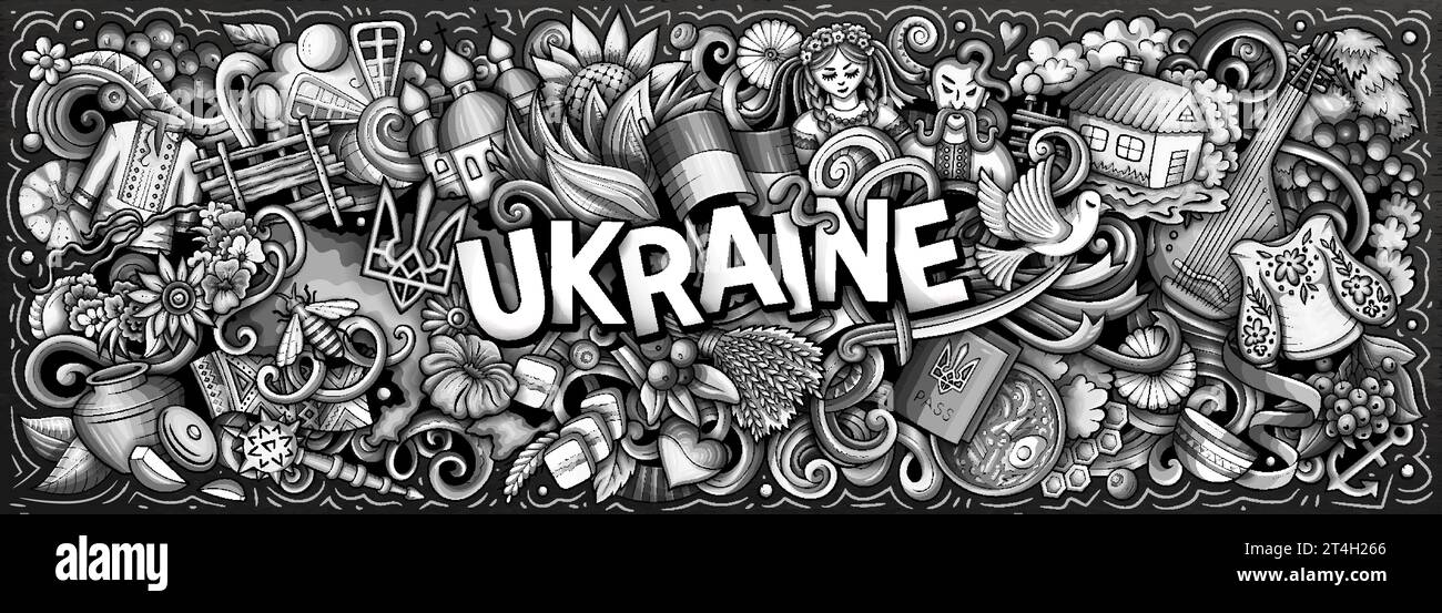 Vector illustration with Ukraine theme doodles. Monochrome banner ...