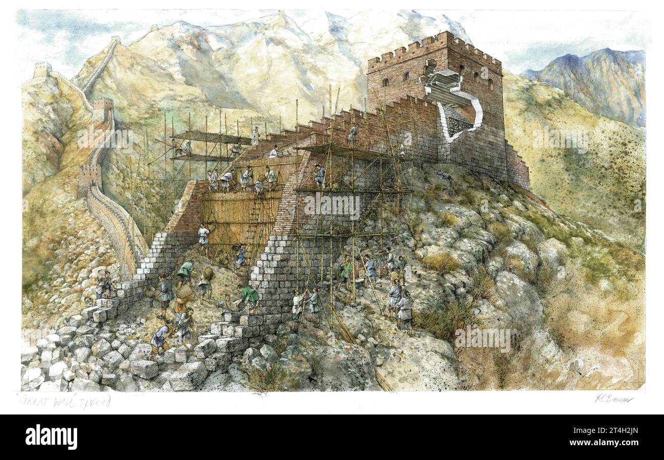 Illustration showing the construction of The Great Wall of China ...