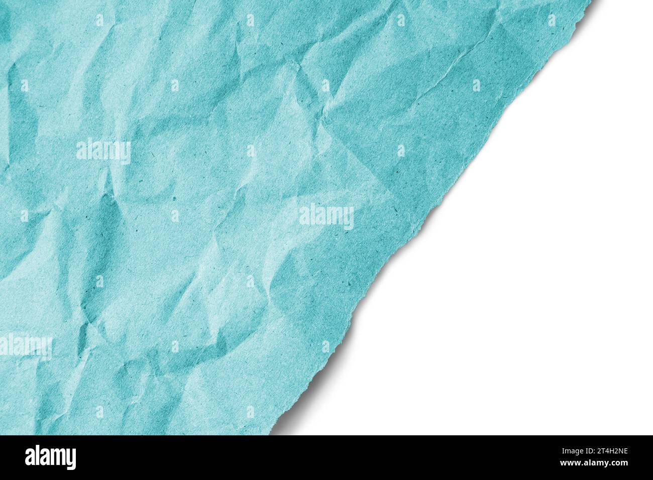 Recycled crumpled cyan paper texture with a diagonal torn edge isolated ...