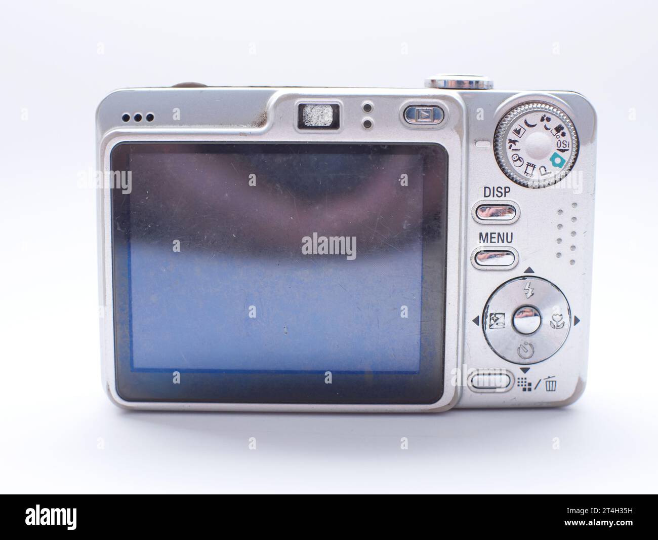 back view of silver digital pocket camera isolated on white background ...