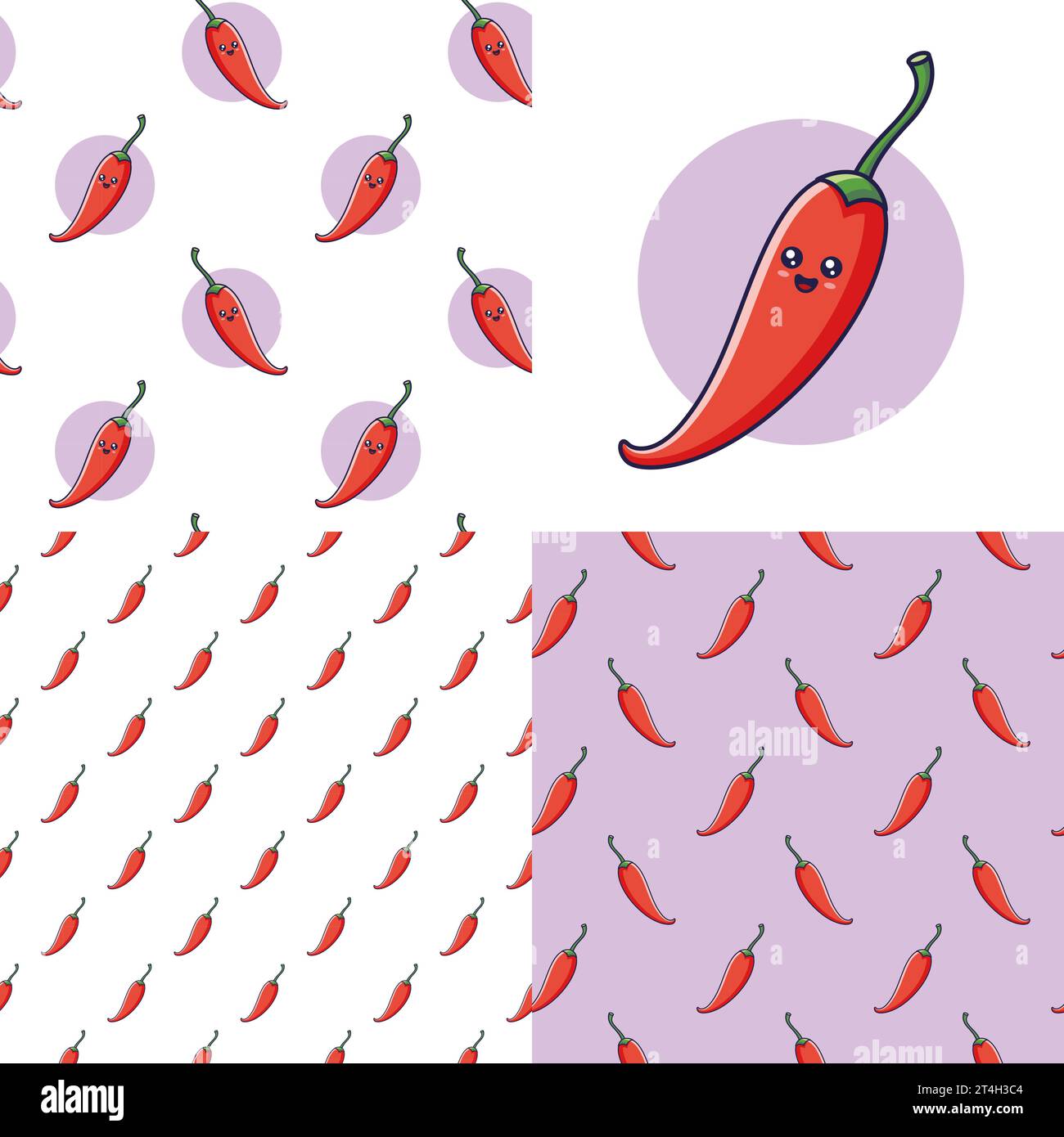 Set of Cute Kawaii Red Pepper, Chili patterns. Food vegetable flat icon ...