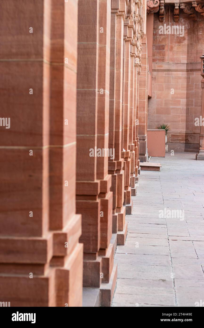 artistic red stone pillars of vintage palace from flat angle Stock ...