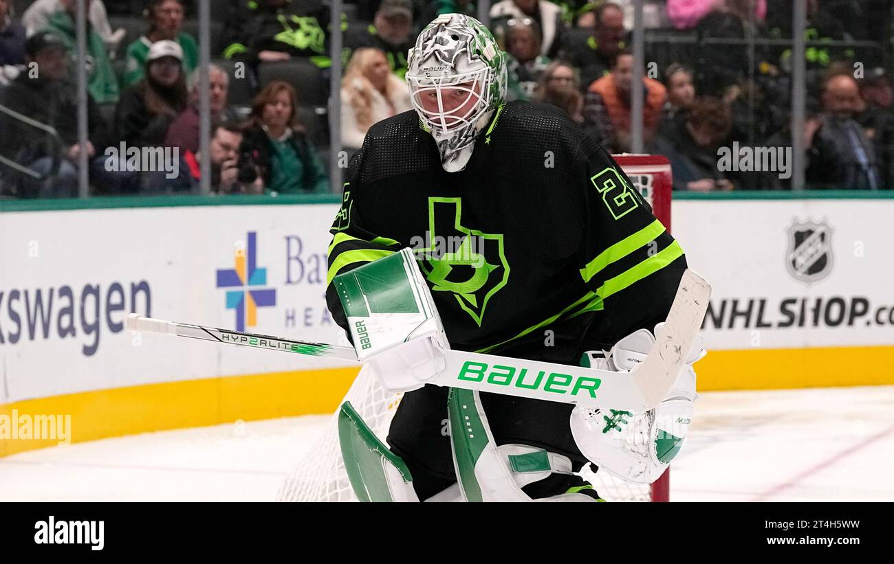 Dallas Stars goaltender Jake Oettinger defends the net during an NHL ...