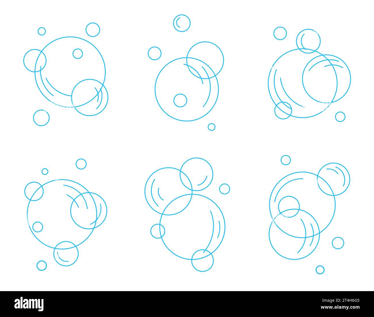 Set of flat blue line bubbles. Soap foam, carbonated drink, oxygen ...