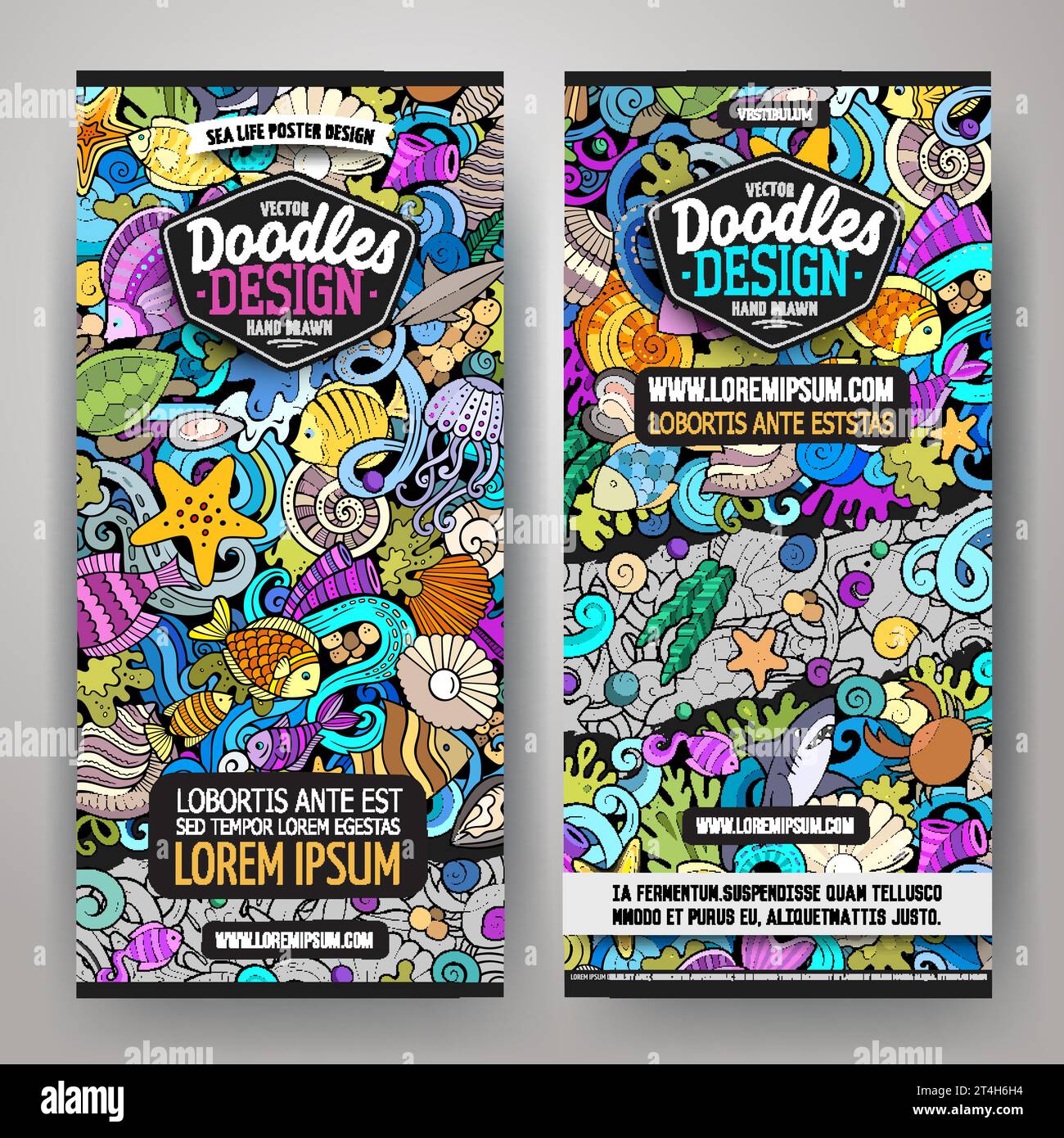 Cartoon vector hand-drawn underwater life, sealife doodle corporate ...