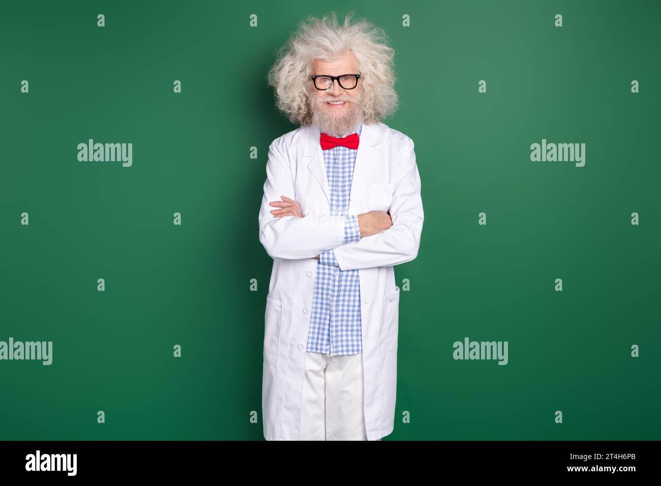Photo of happy funky funny smiling crazy scientist wear long white coat ...