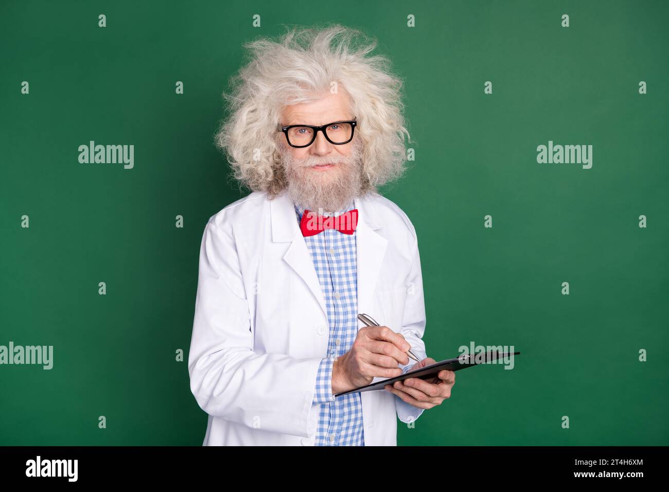 Photo of crazy upset mature inventor dressed white uniform bow tie ...