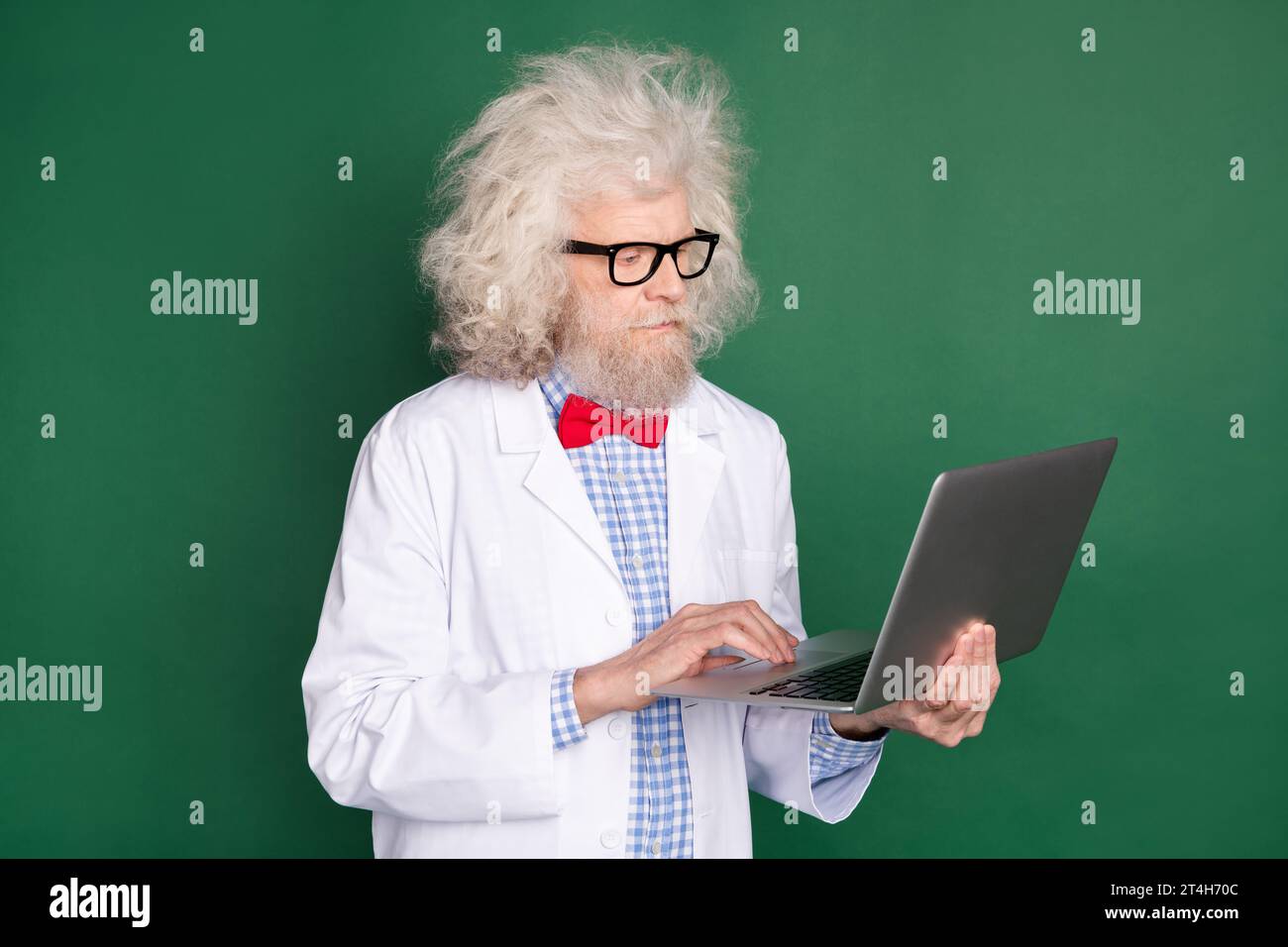Photo of handsome serious mature inventor dressed white uniform bow tie ...