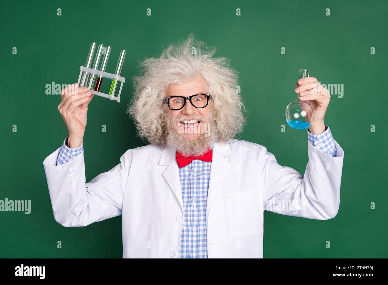 Photo of busy crazy mature inventor dressed white uniform bow tie ...
