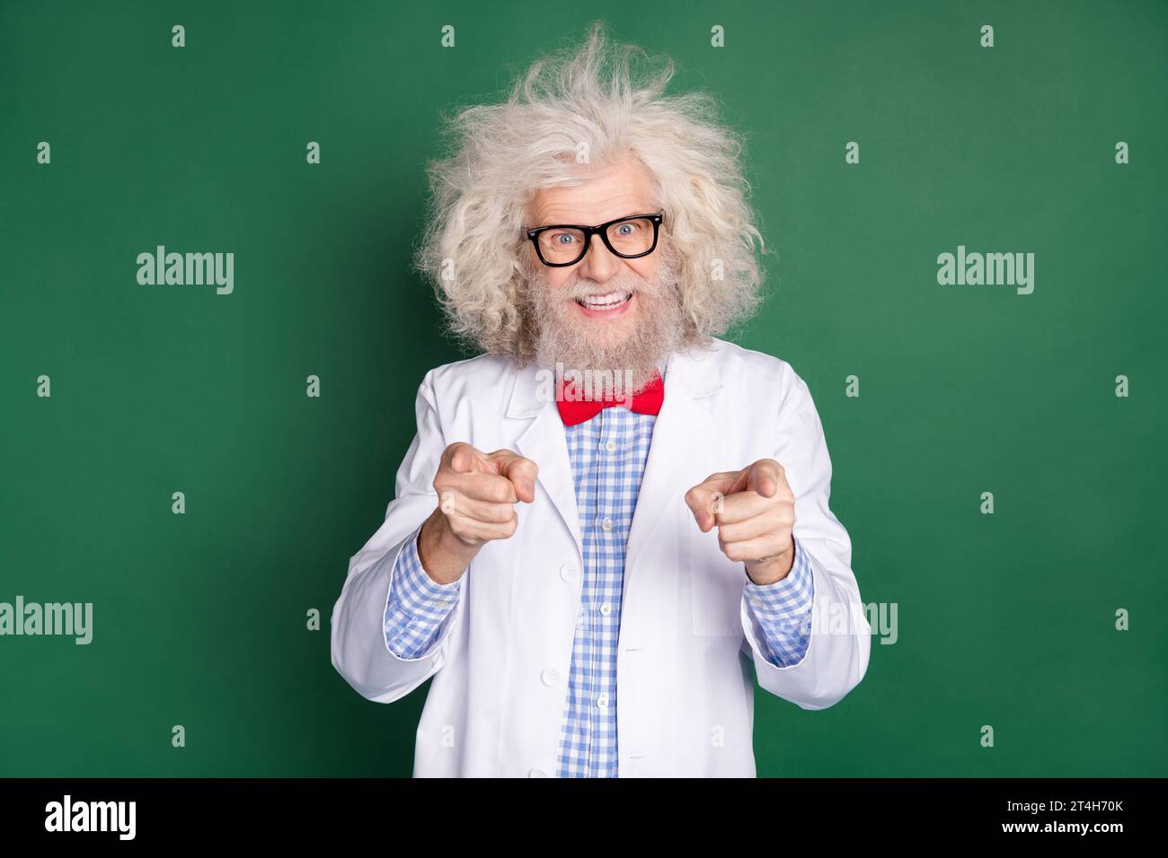 Photo of happy cheerful good mood funky mad scientist with messy hair ...