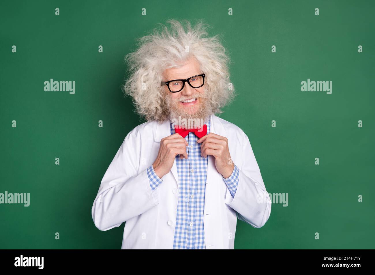 Photo of funky funny positive good mood crazy scientist with messy hair ...