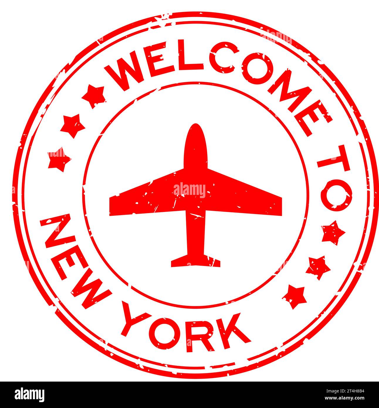 Grunge red welcome to new york with airplane icon round rubber seal ...