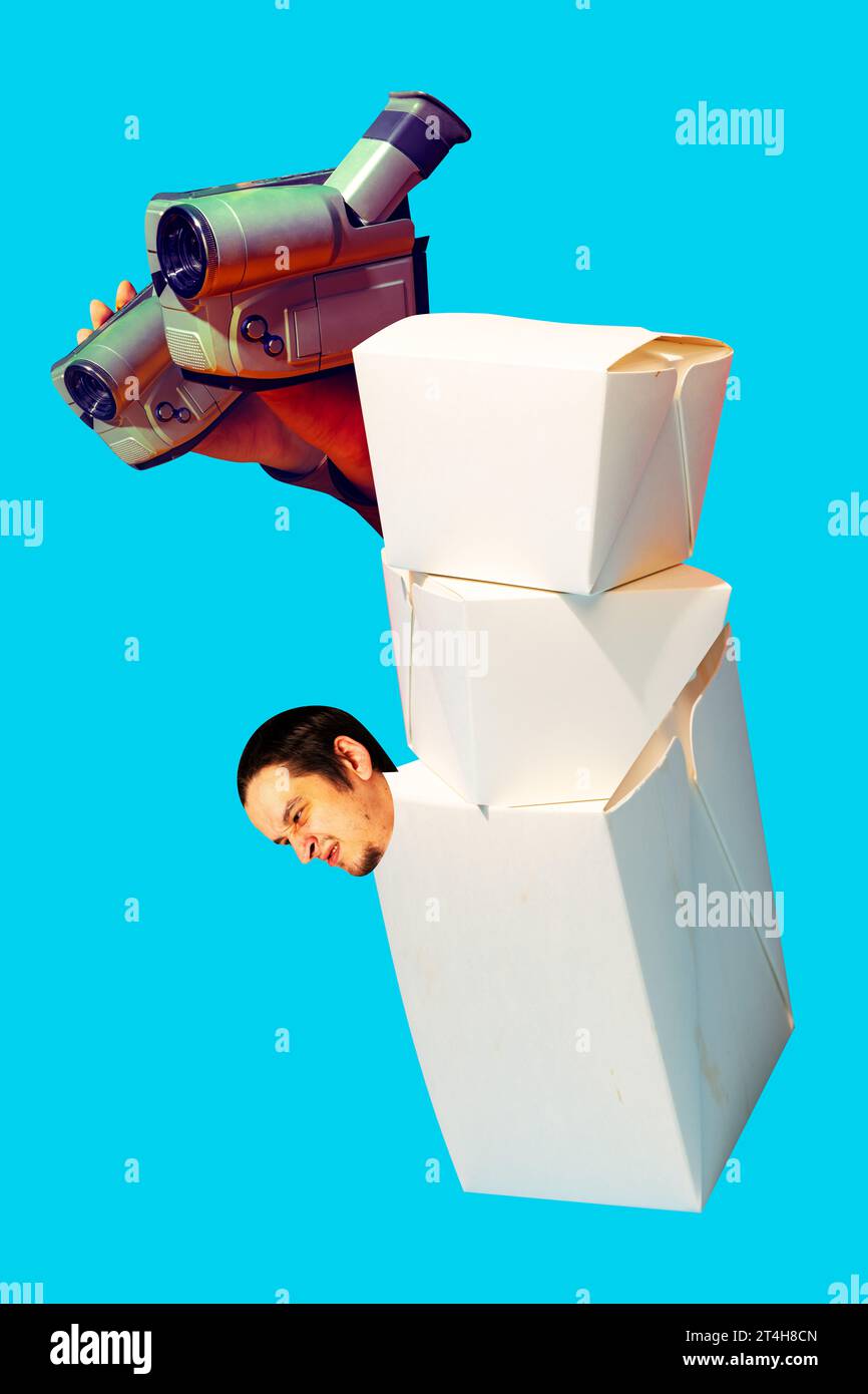 Abstract art. Man looking out food boxes over blue background ...