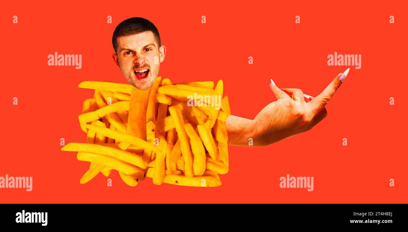 Emotion of anger and irritation. Male head and fries over red ...