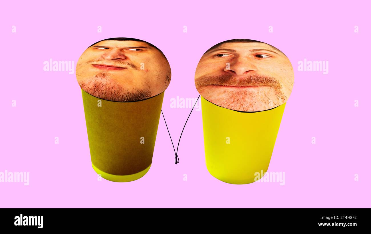 Two carton coffee cups with males faces on it holding hands over pink ...