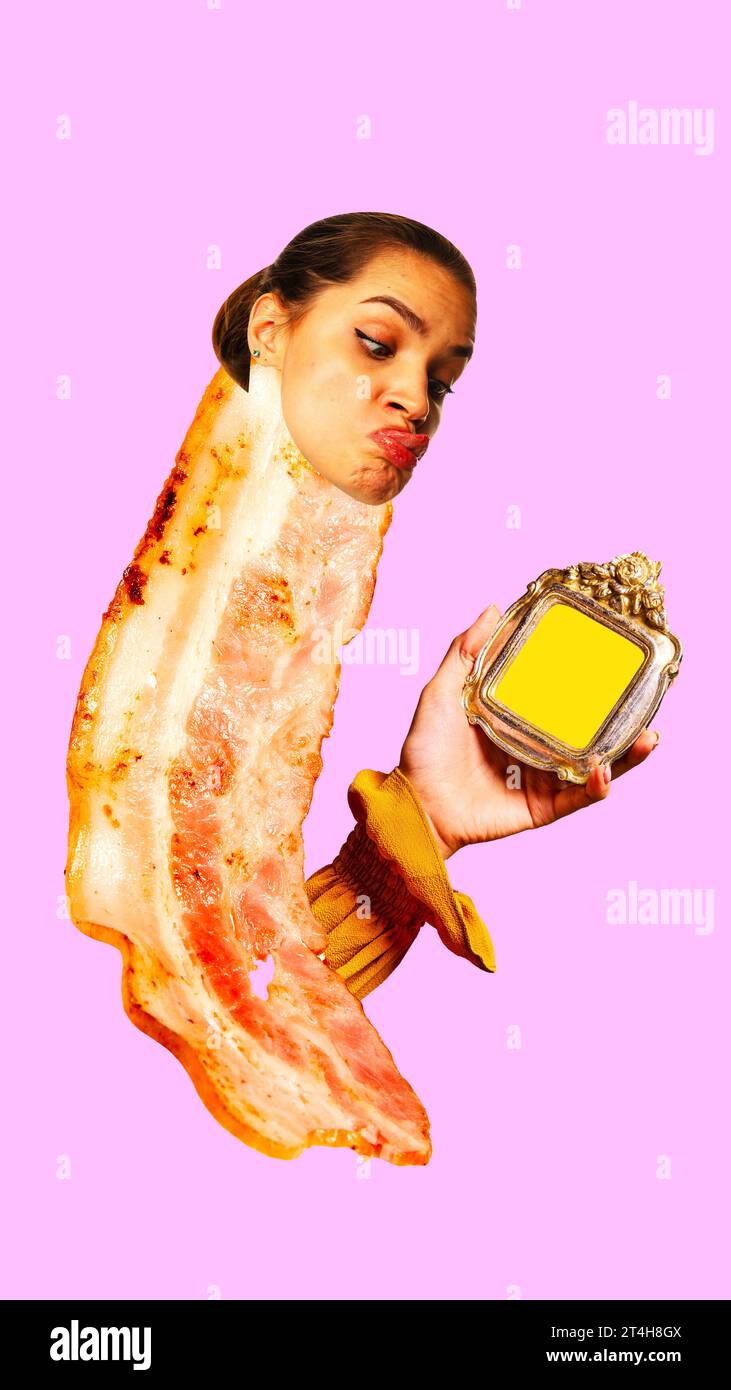 Woman with bacon body holding vintage mirror against pink background ...