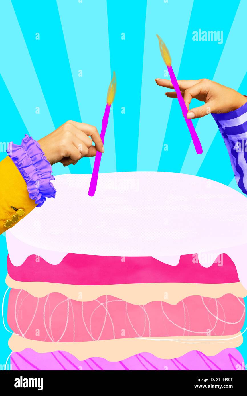 Female hands putting candles on birthday cake over blue background. Contemporary art collage ...