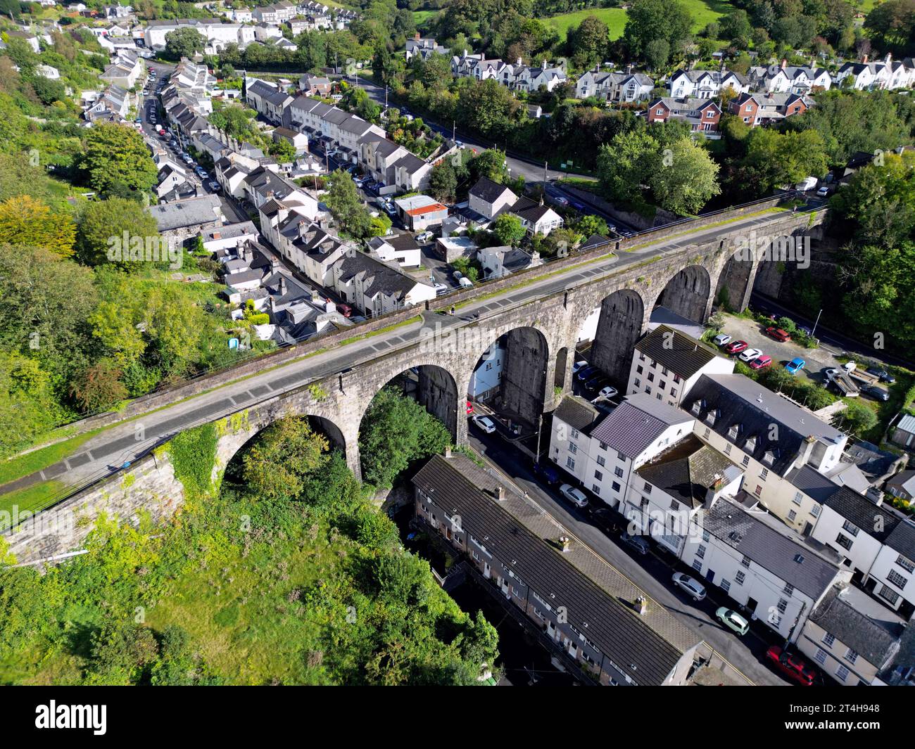 Aerial drone view of the disused railway viaduct in Tavistock, on the ...