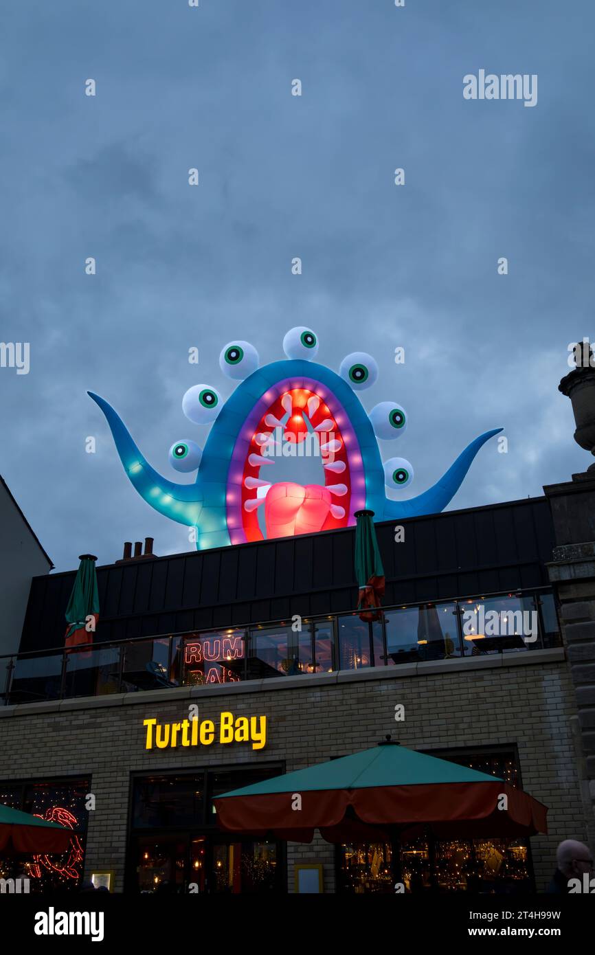 Big mouth illuminated monster on roof of Turtle Bay Restaurant, Sincil ...