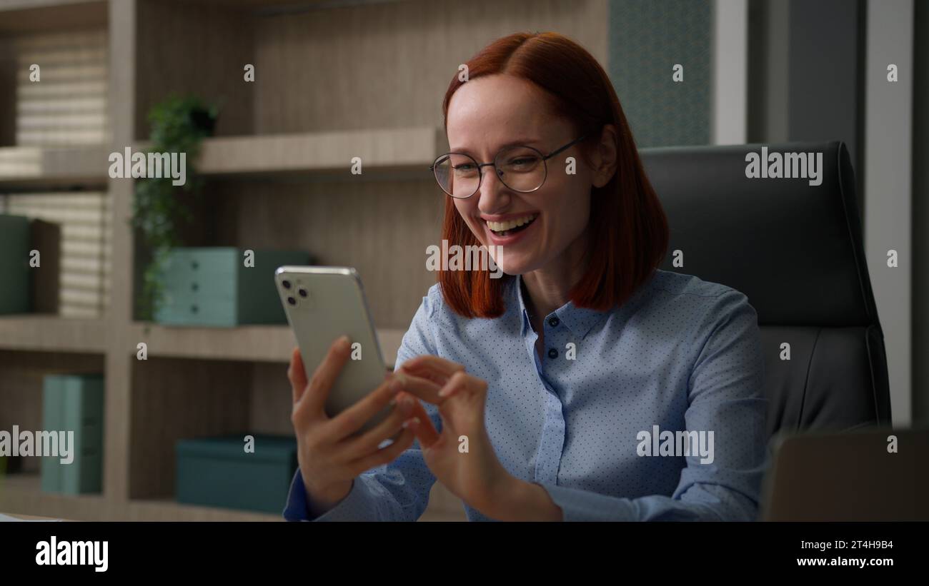 Happy excited female winner Caucasian woman business manager office ...