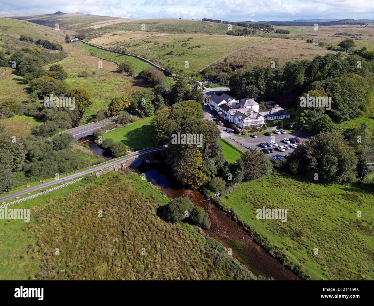 Aerial drone view of the Two Bridges hotel and bridges over the River ...