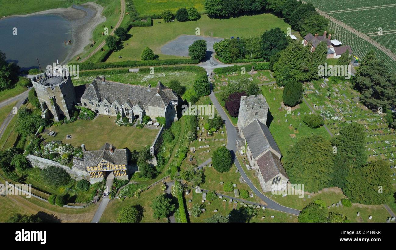 Aerial drone view of the fortified manor house known as Stokesay Castle ...