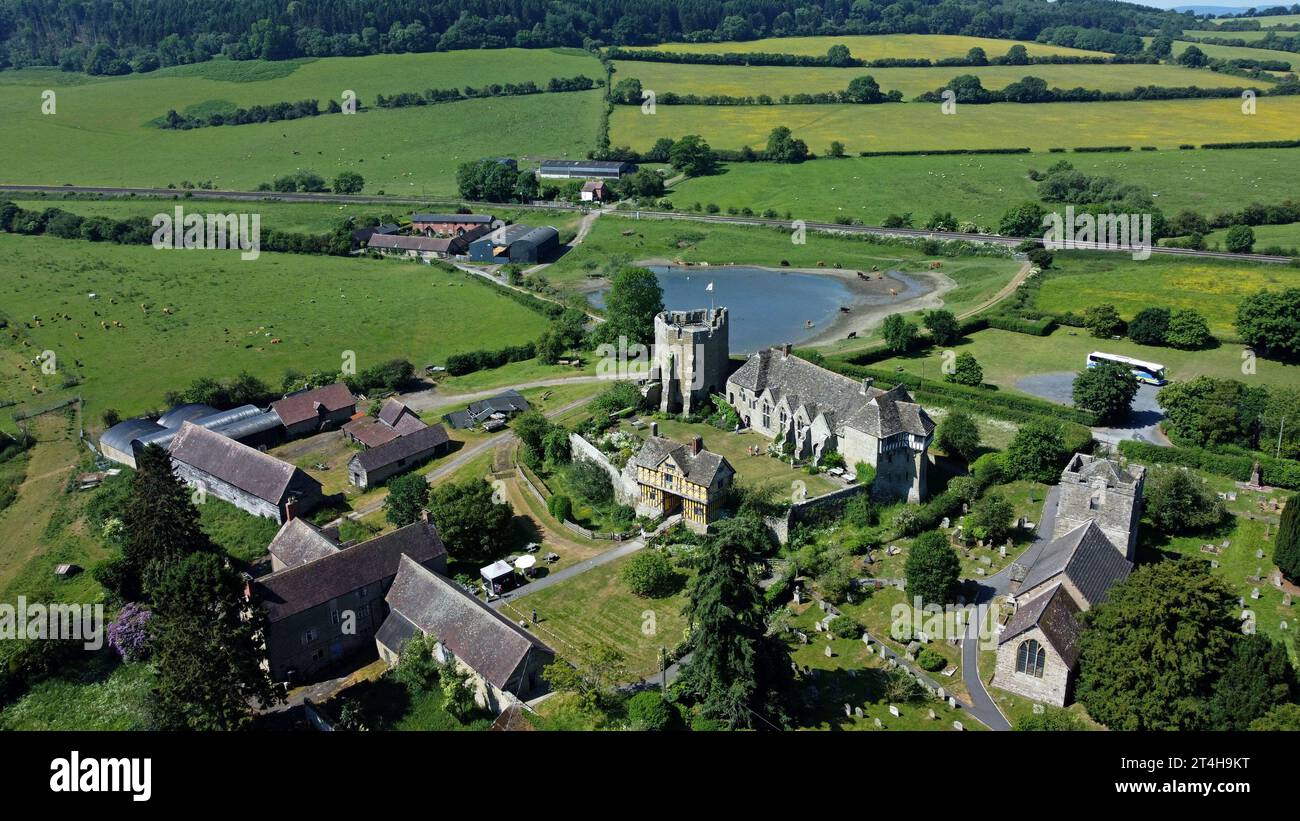 Aerial drone view of the fortified manor house known as Stokesay Castle ...