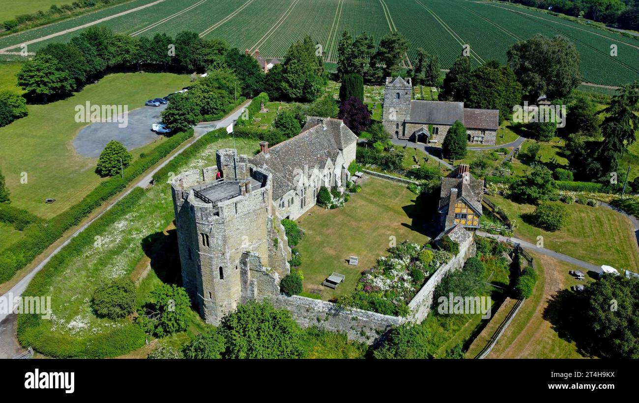 Aerial drone view of the fortified manor house known as Stokesay Castle ...