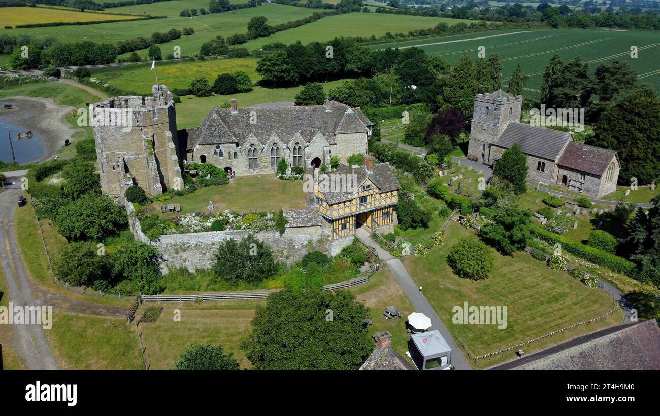 Aerial drone view of the fortified manor house known as Stokesay Castle ...
