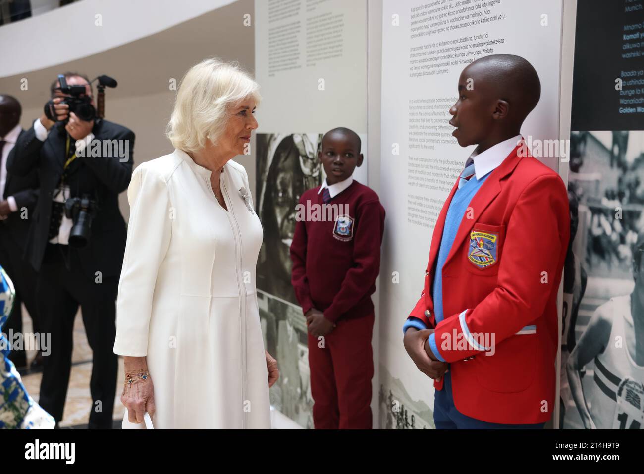 Queen Camilla meets school children during a tour of the Mashujaa ...