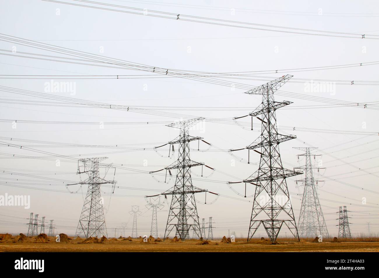 Electrical towers and power lines, closeup of photo Stock Photo - Alamy