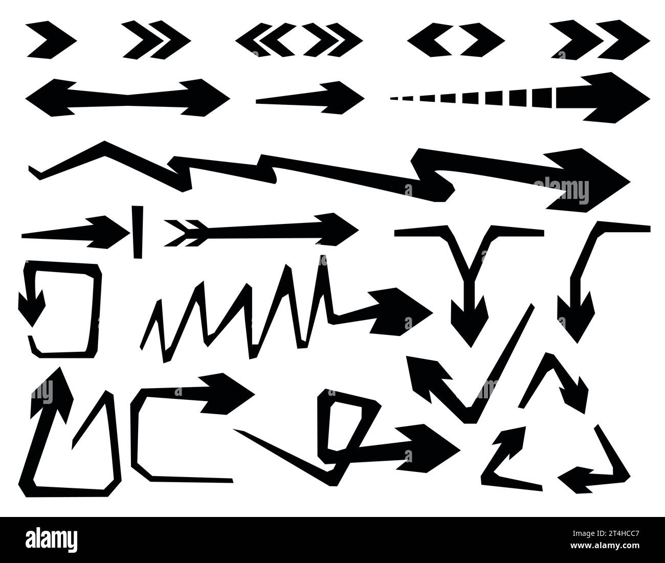 black vector arrows, sharp angles, zigzags and lines, on a white ...