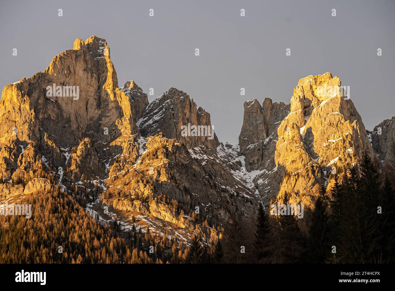 Sunset in the Dolomites, Italy. The peaks are illuminated by the ...
