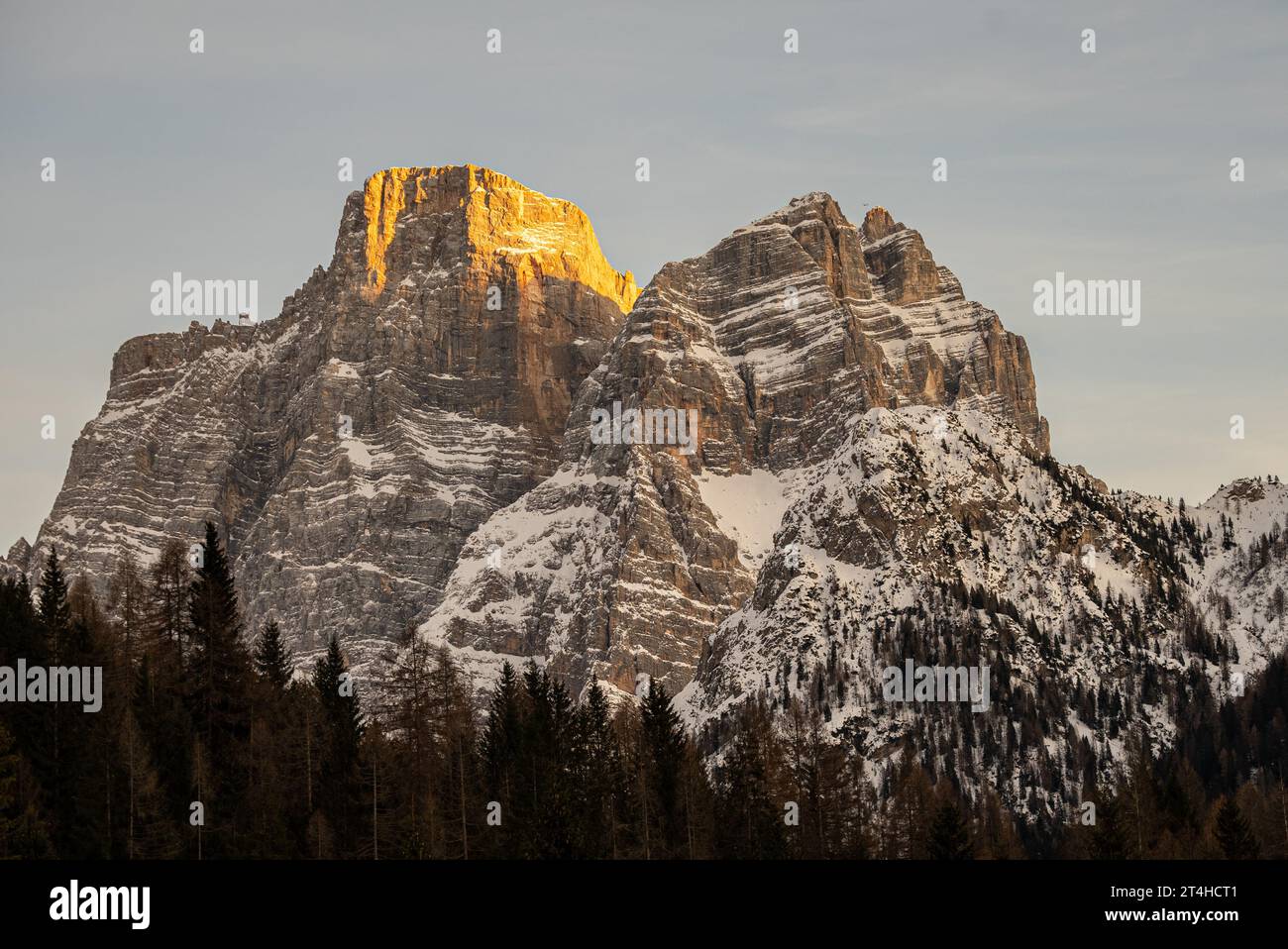 Sunset in the Dolomites, Italy. The peaks are illuminated by the ...