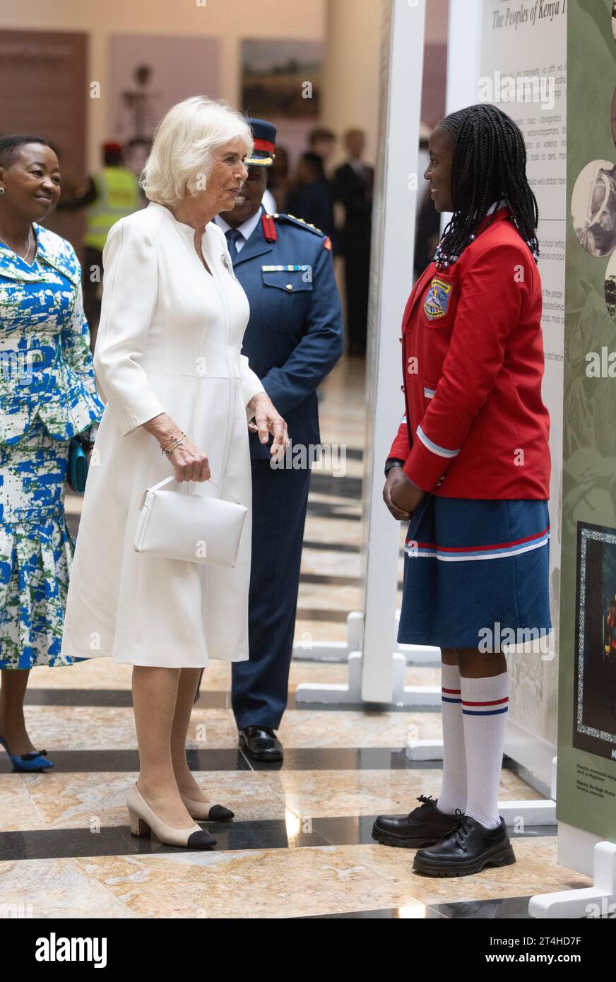 Queen Camilla meets school children during a tour of the Mashujaa ...