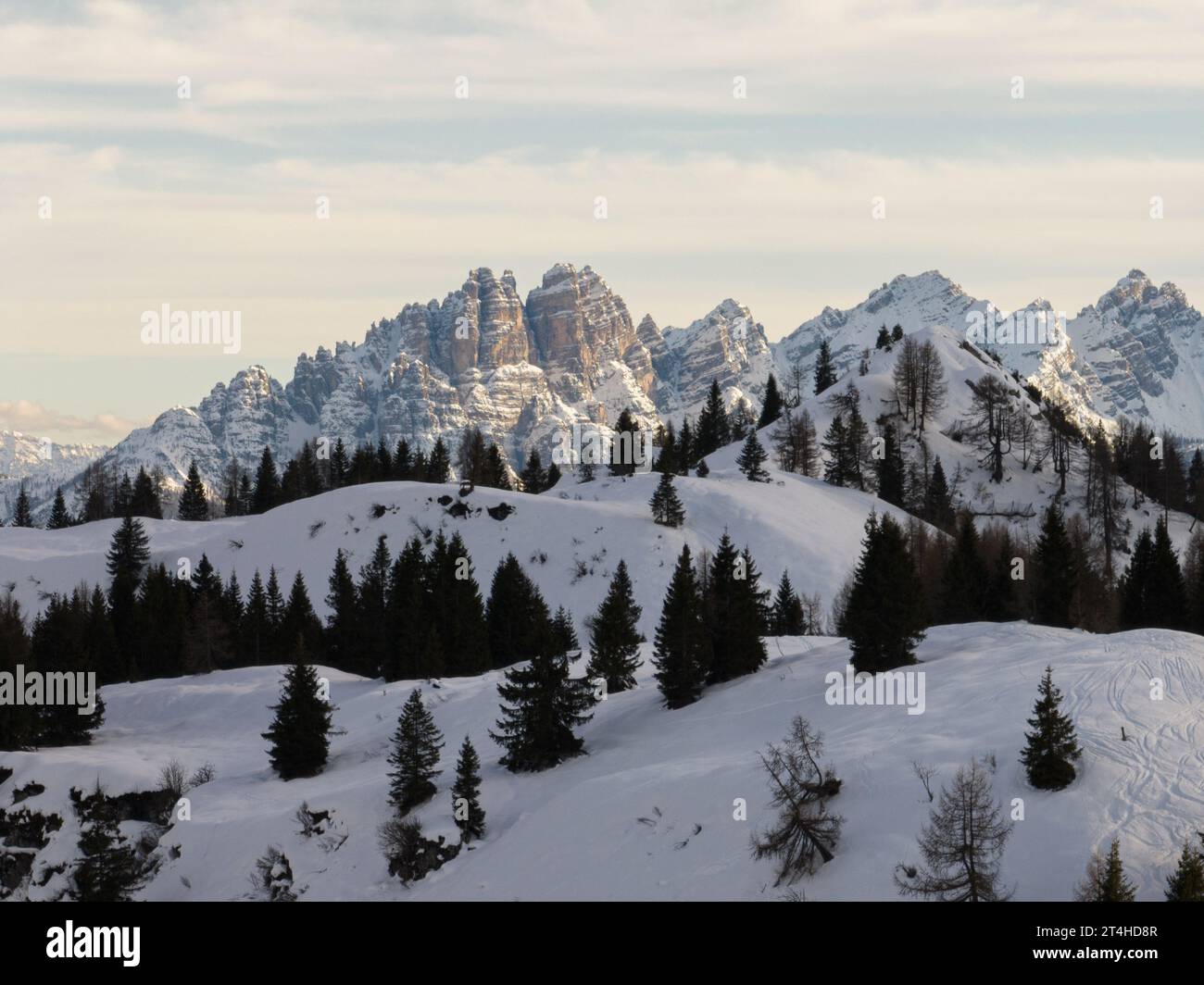 Civetta resort. Panoramic view of the Dolomites mountains in winter ...