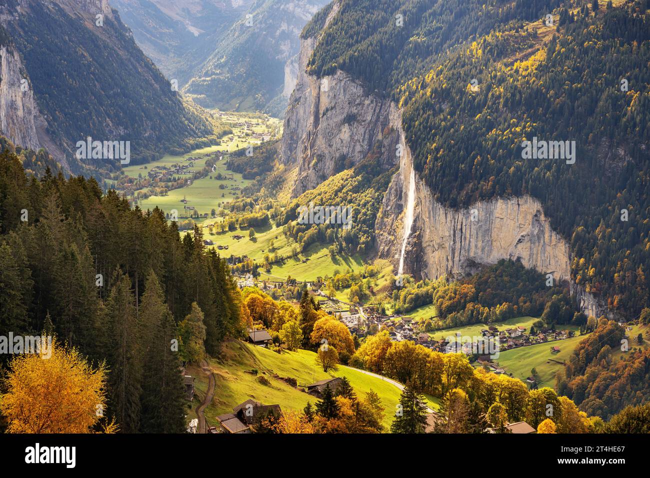 Lauterbrunnen, Switzerland valley from Wengen in the fall season with ...