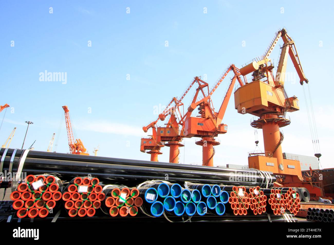 portal crane and steel pipe cross section features, closeup of photo ...