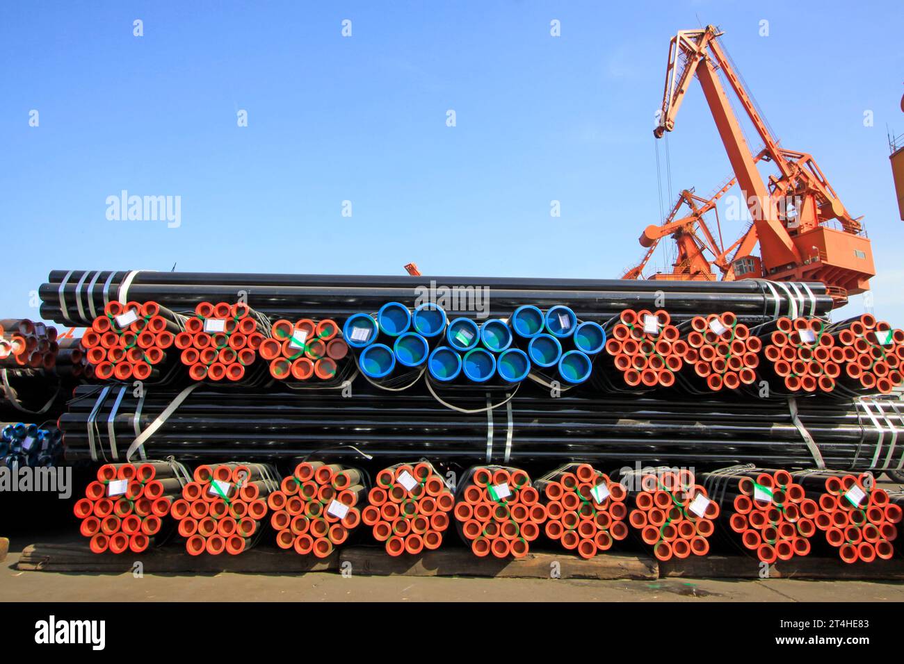 portal crane and steel pipe cross section features, closeup of photo ...