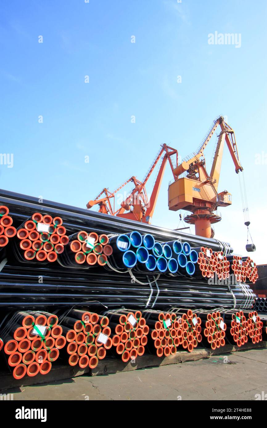 portal crane and steel pipe cross section features, closeup of photo ...