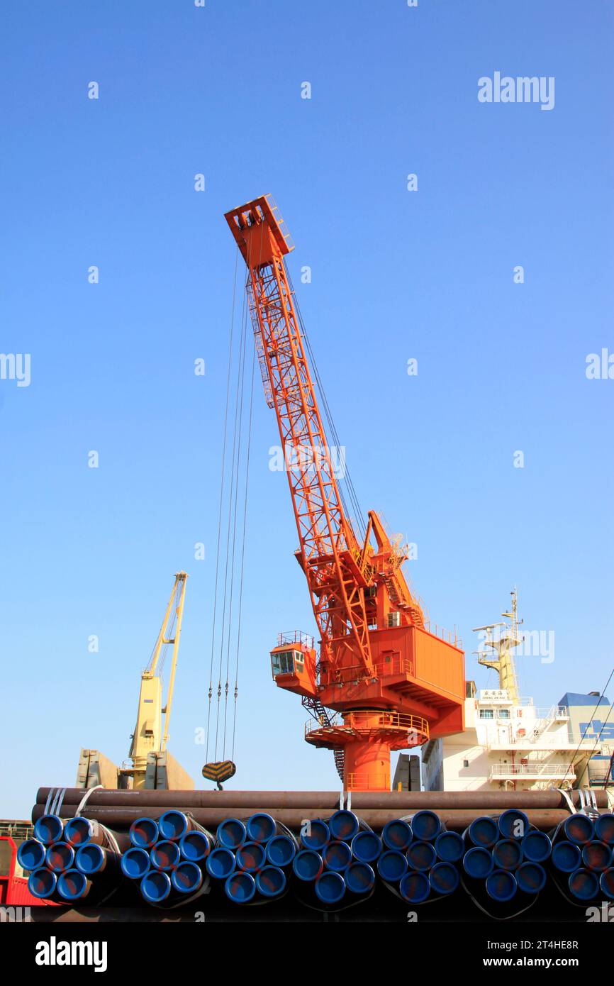 portal crane and steel pipe cross section features, closeup of photo ...